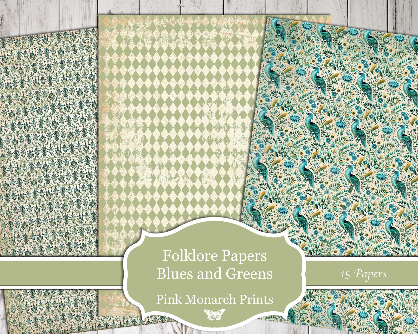 Folklore Papers, Blues and Greens, Printable Papers, Digital Junk ...