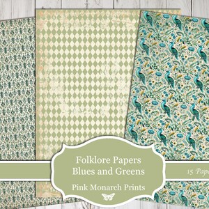 Folklore Papers, Blues and Greens, Printable Papers, Digital Junk ...