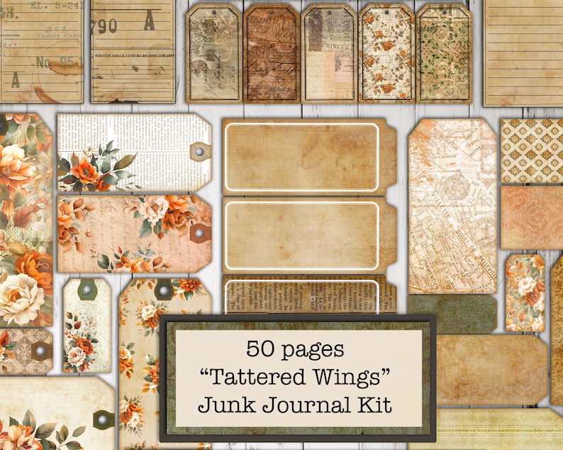 Tattered Wings Junk Journal Kit: 50 Pages, Large Printable Collection ...