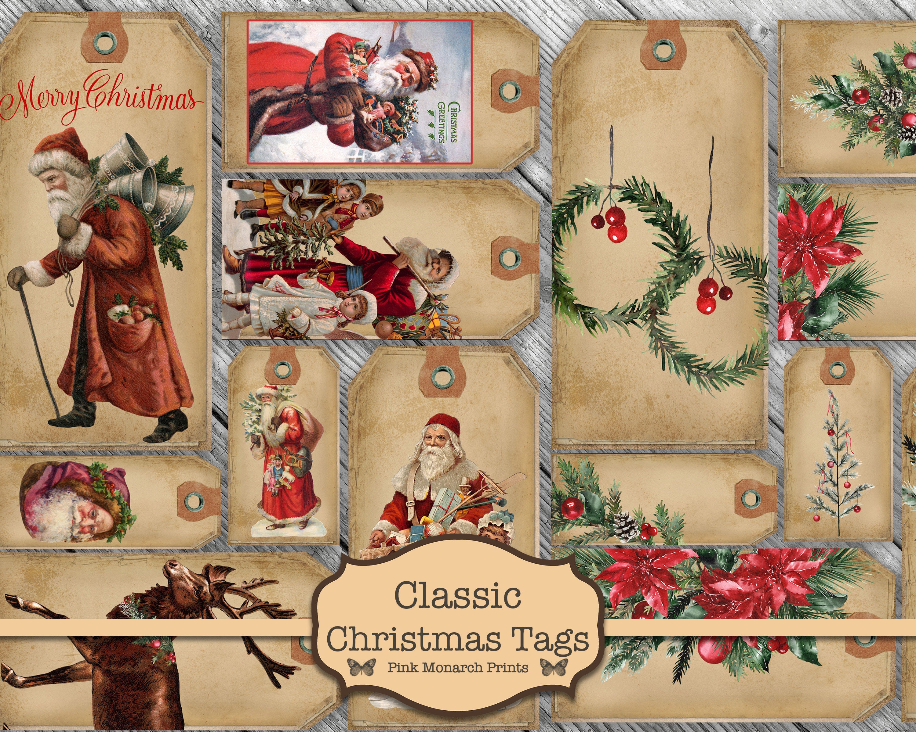Classic Christmas Tags, Santa Tags, Junk Journal Tags, Junk Journaling ...