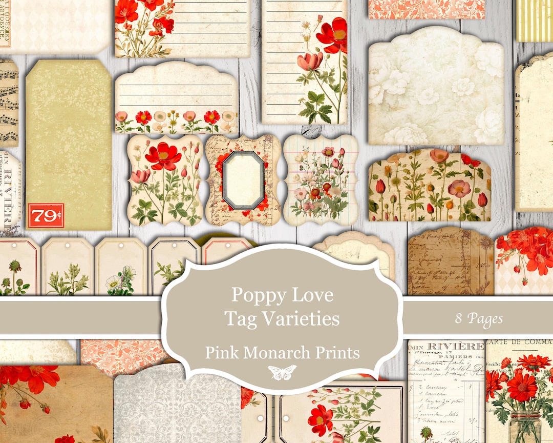 Poppy Tag Varieties, Printable, Digital, Junk Journal Tags, Flowers ...