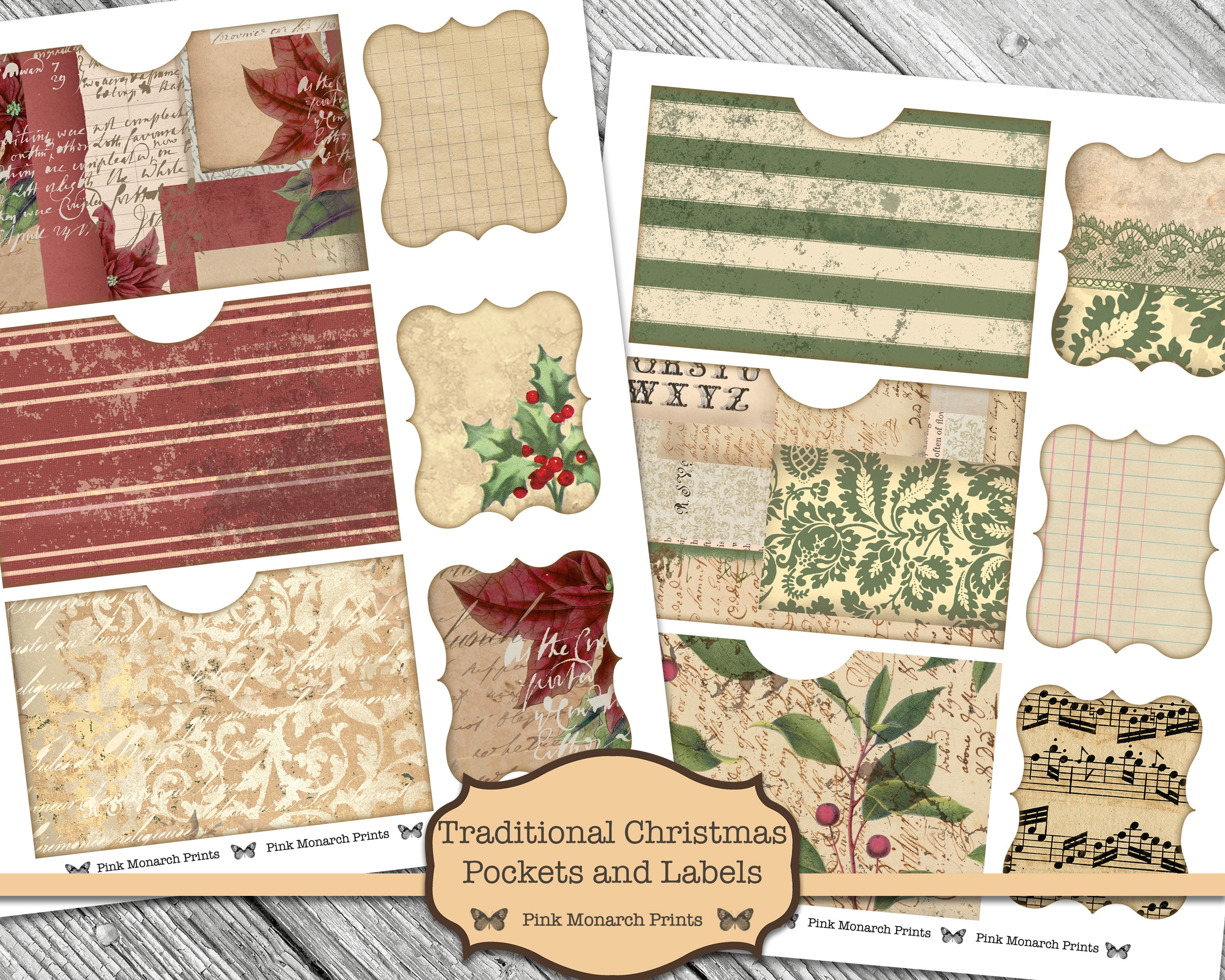 Christmas Pockets & Labels, Junk Journal Kit, Digital Junk Journal ...