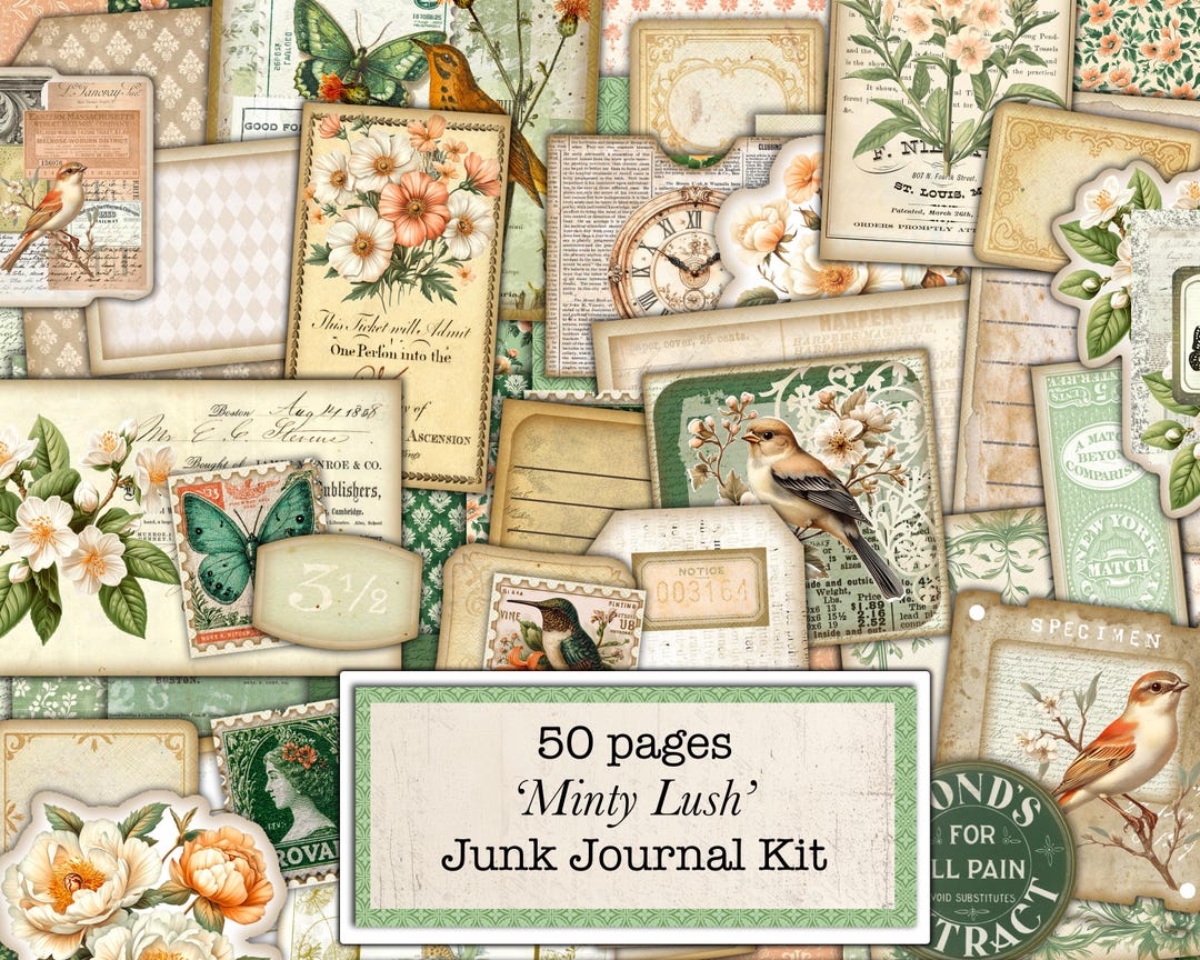 Minty Lush Junk Journal Kit: 50 Pages, Large Printable Scrapbooking ...