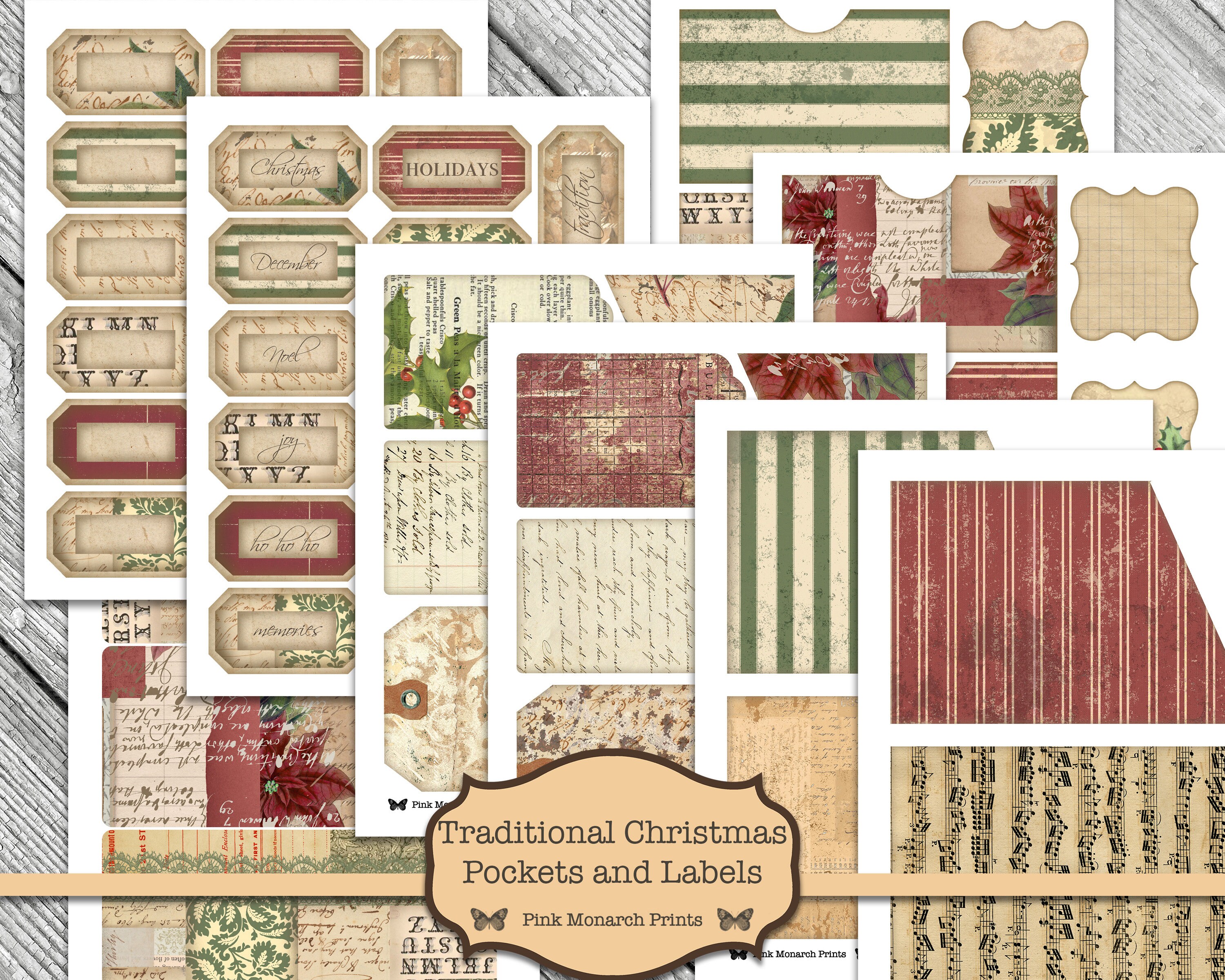 Christmas Pockets & Labels, Junk Journal Kit, Digital Junk Journal ...