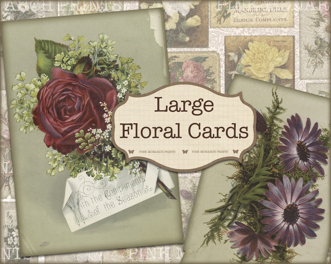 Large Floral Cards, Digital Flower Prints, Junk Journaling Cards ...