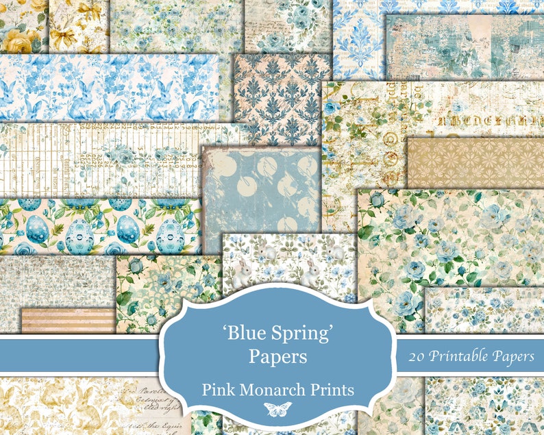 Blue Spring Papers, Printable Papers, Digital Junk Journal, Spring Junk ...