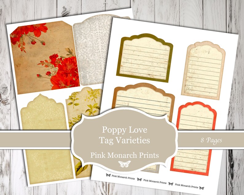 Poppy Tag Varieties, Printable, Digital, Junk Journal Tags, Flowers ...