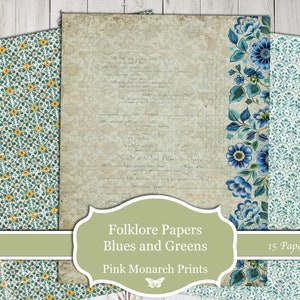 Folklore Papers, Blues and Greens, Printable Papers, Digital Junk ...