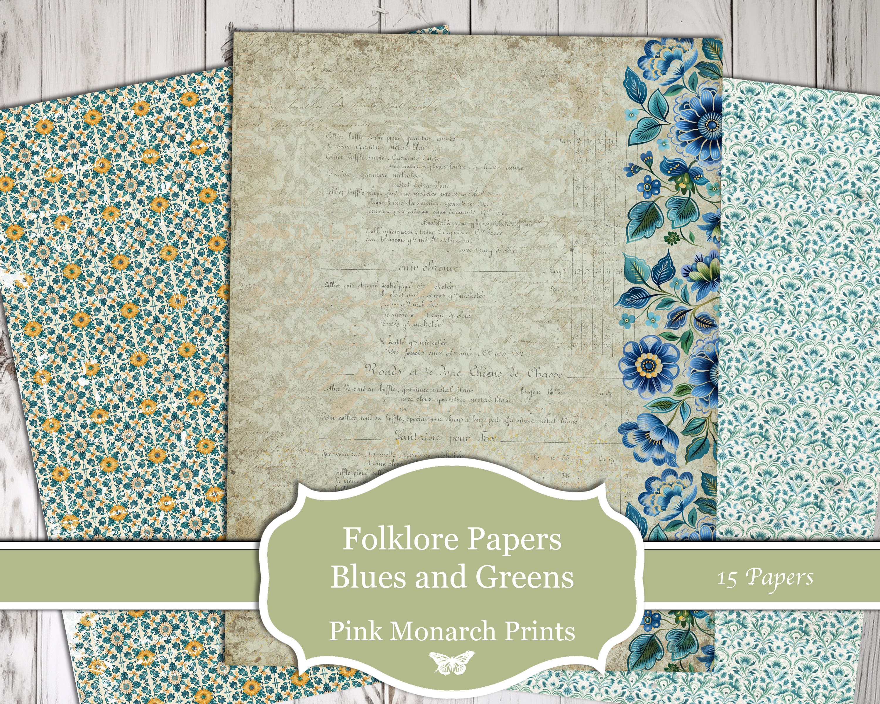 Folklore Papers, Blues and Greens, Printable Papers, Digital Junk ...