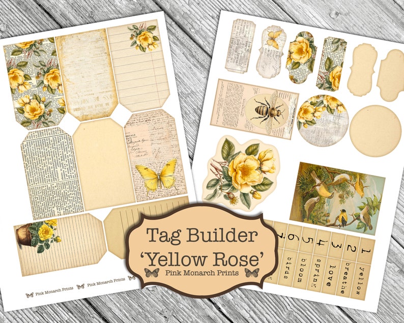Yellow Rose Tag Builder Kit, Junk Journal Kit, Junk Journaling Digitals ...