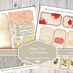 Poppy Tag Varieties, Printable, Digital, Junk Journal Tags, Flowers ...