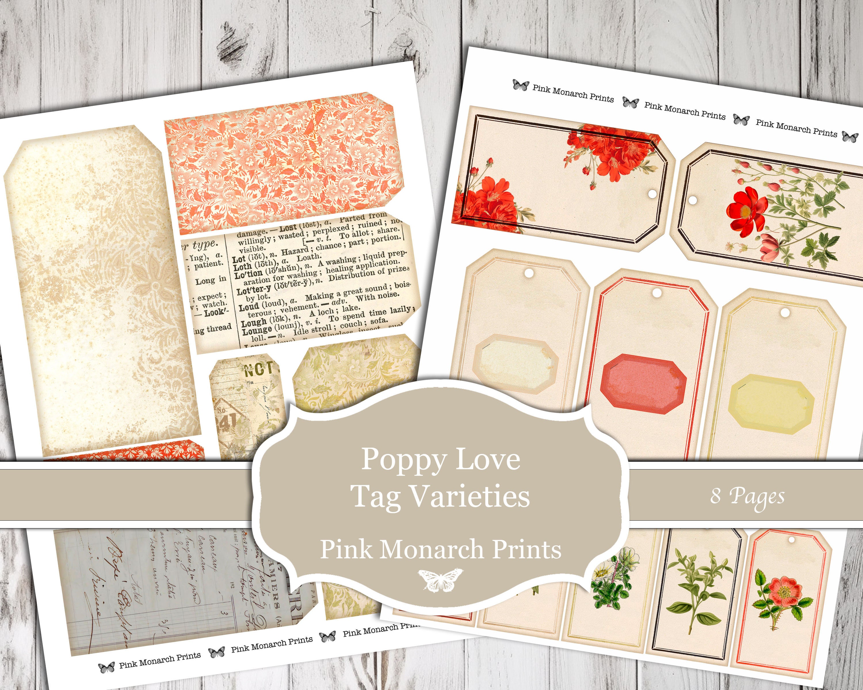 Poppy Tag Varieties, Printable, Digital, Junk Journal Tags, Flowers ...