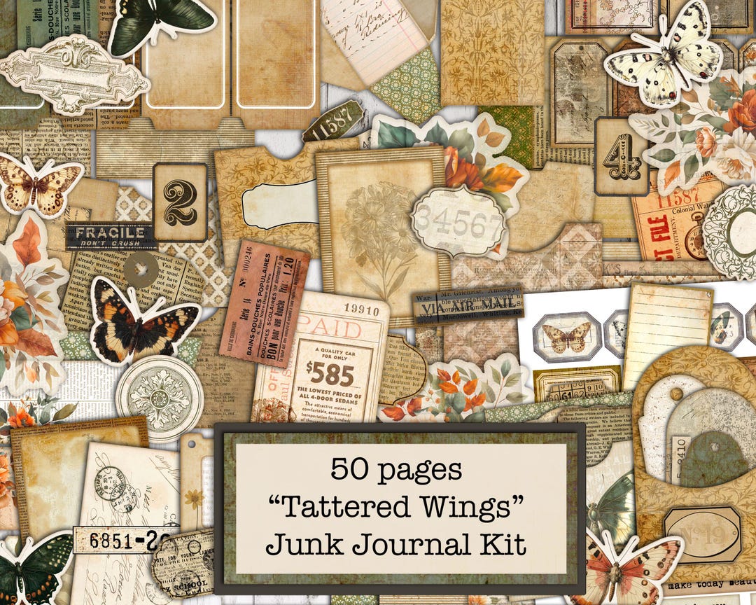Tattered Wings Junk Journal Kit: 50 Pages, Large Printable Collection ...