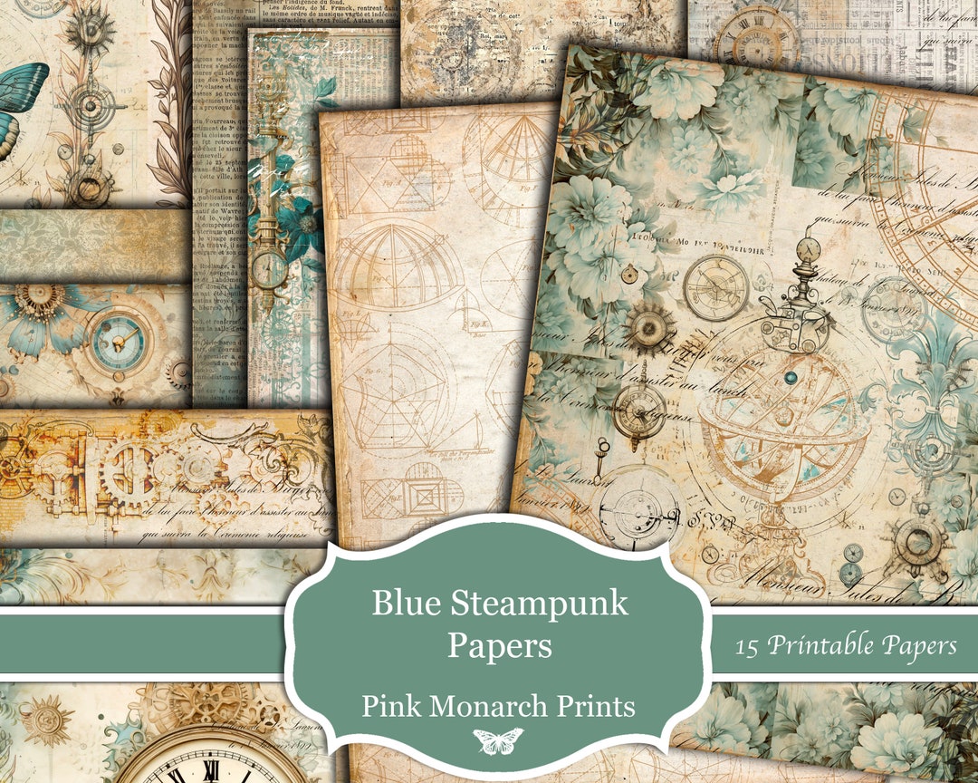 Blue Steam Punk Paper Collection, Printable Papers, Digital Junk ...