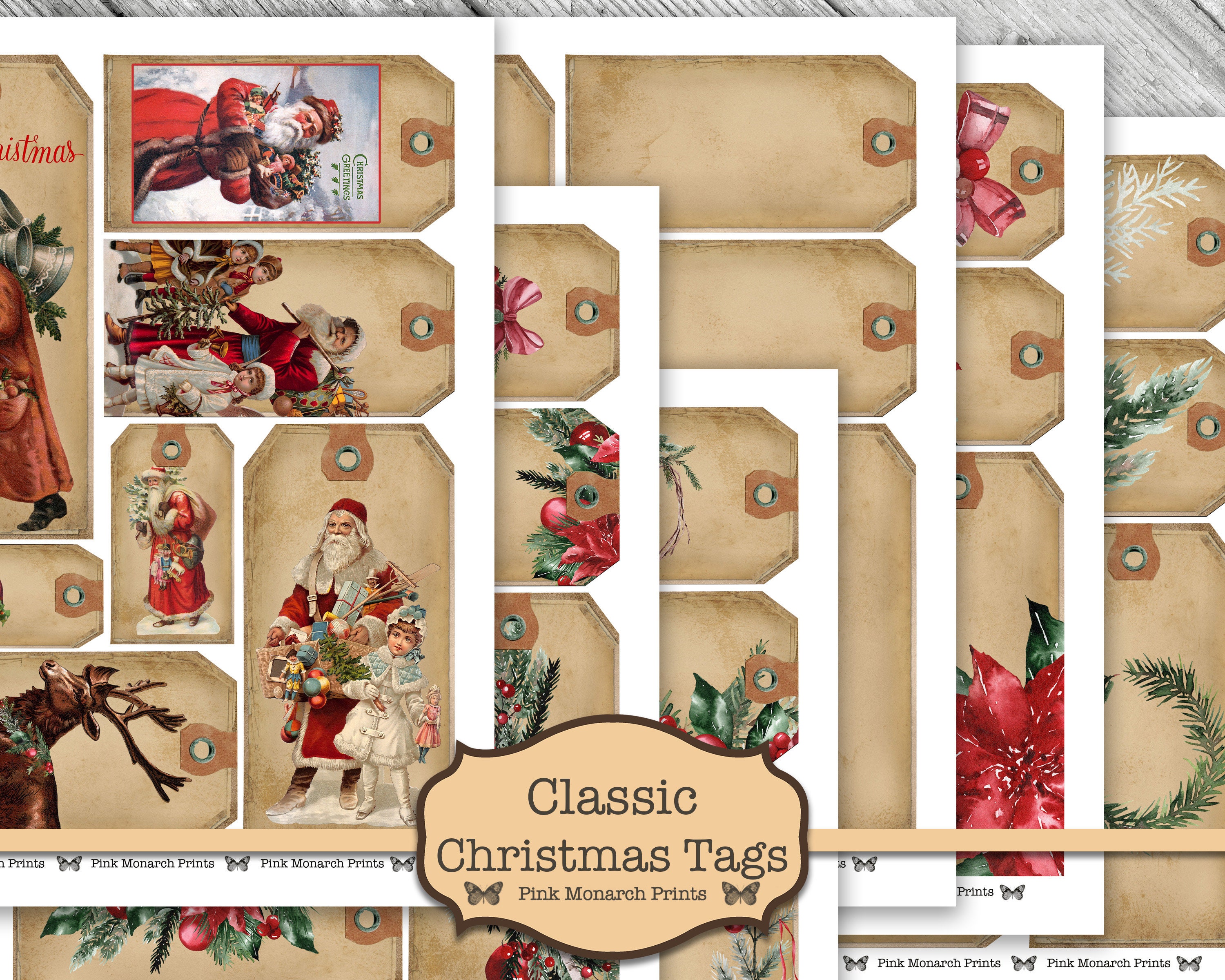 Classic Christmas Tags, Santa Tags, Junk Journal Tags, Junk Journaling ...