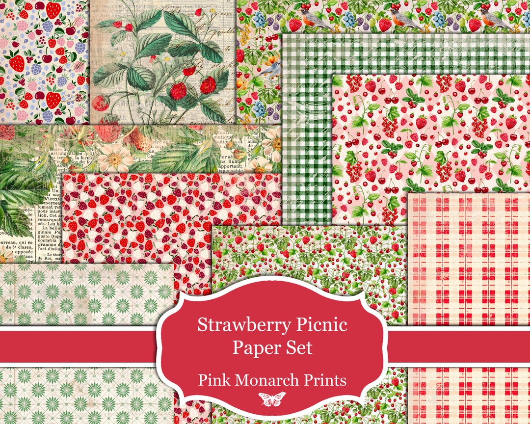 Strawberry Picnic Paper Set, Digital, Printable, Junk Journal Papers ...