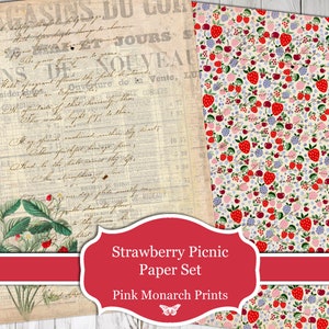 Strawberry Picnic Paper Set, Digital, Printable, Junk Journal Papers ...