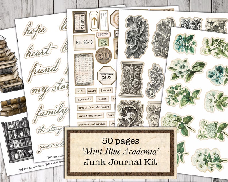 Mint Blue Academia Junk Journal Kit: 50 Pages, Large Printable ...