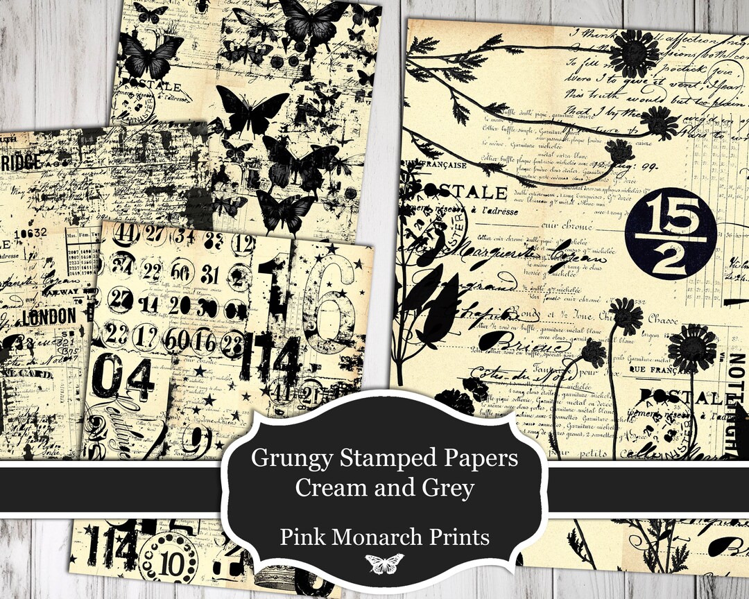 Grungy Stamped Papers, Cream and Black, Junk Journal Kit, Digital Junk ...
