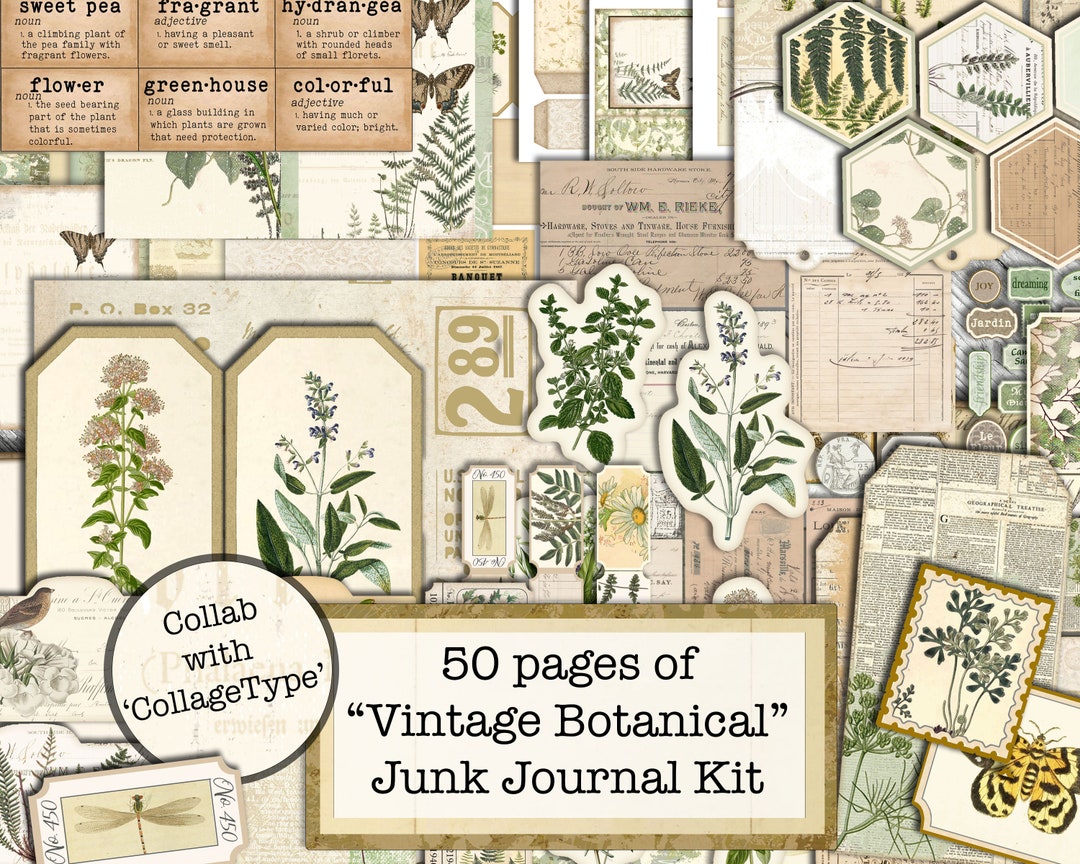 Vintage Botanical Junk Journal Kit: 50 Pages, Large Printable ...