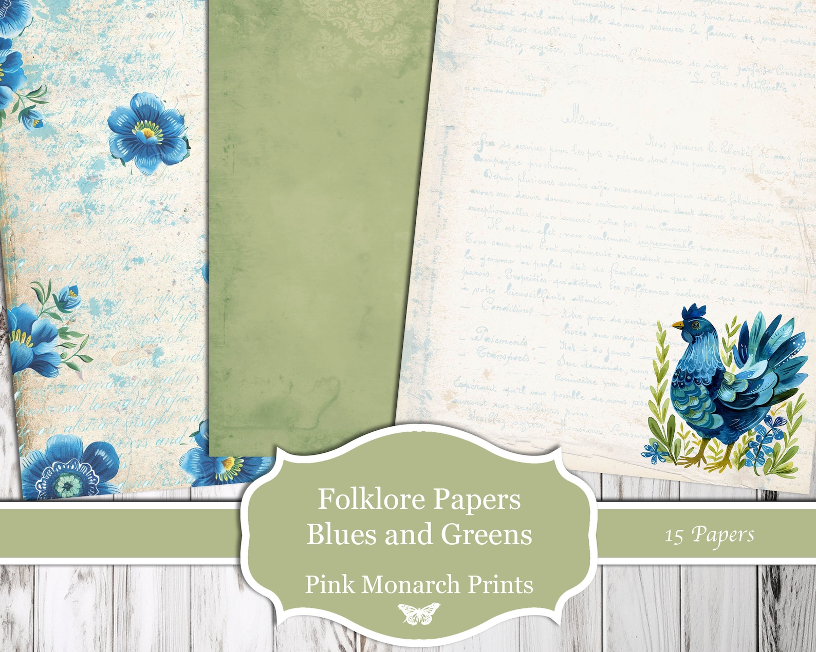 Folklore Papers, Blues and Greens, Printable Papers, Digital Junk ...