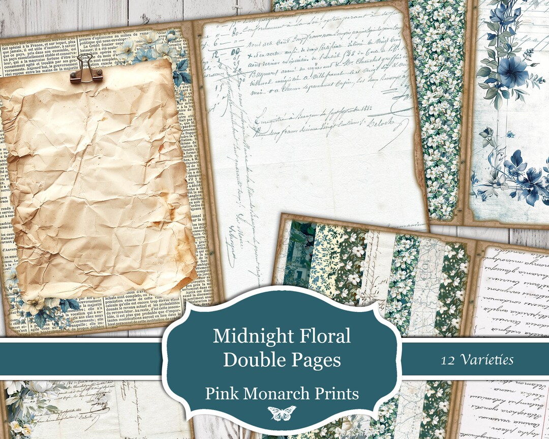 Midnight Floral Double Pages, Botanical, Junk Journal Kit, Junk Journal ...