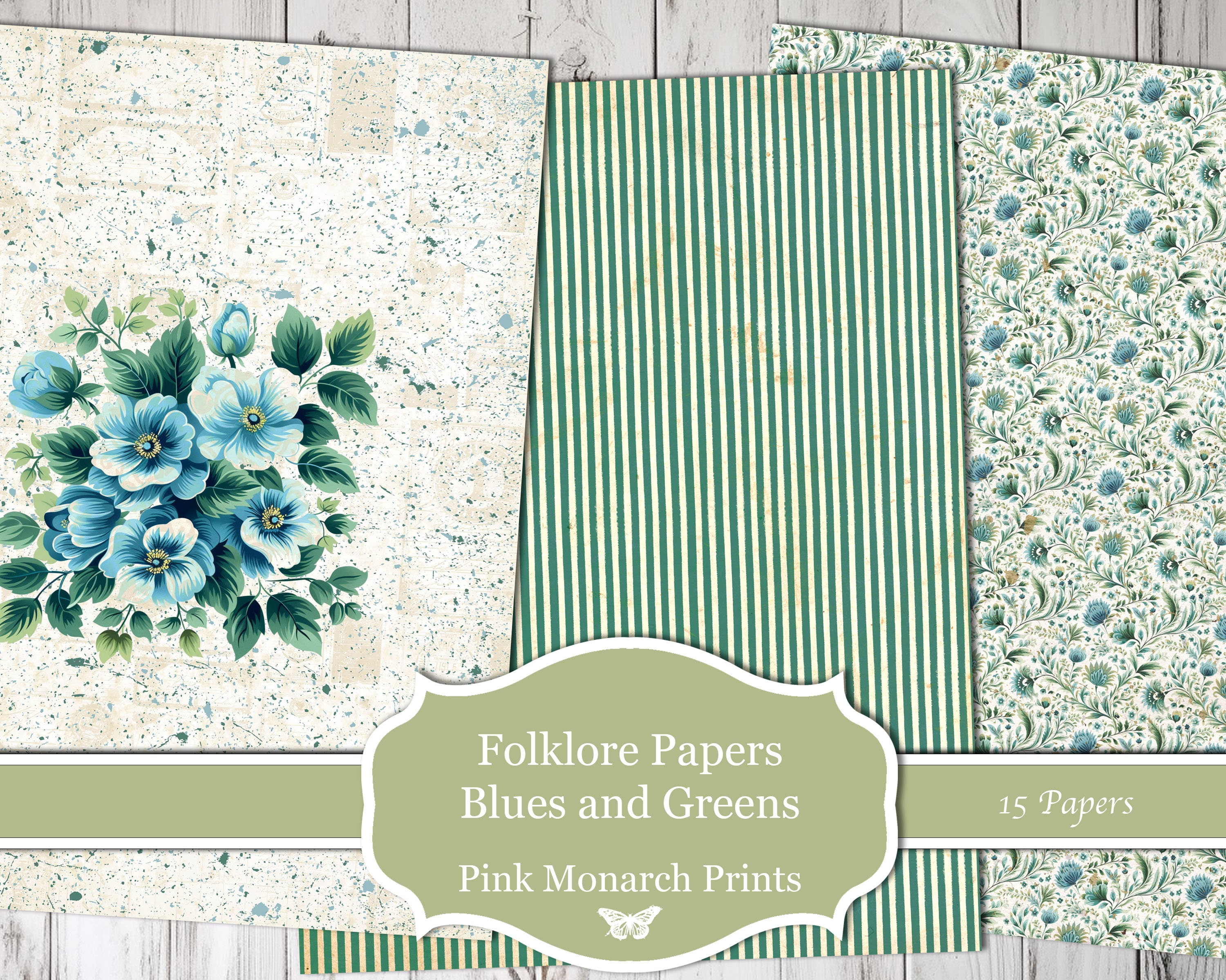 Folklore Papers, Blues and Greens, Printable Papers, Digital Junk ...