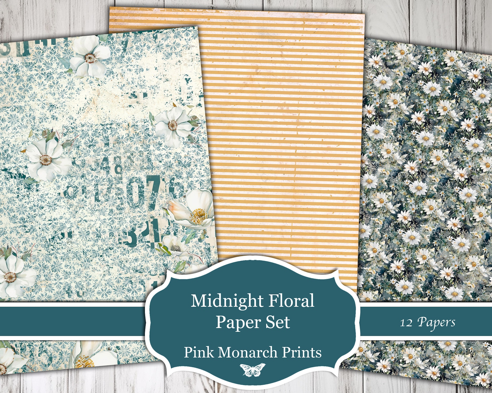 Midnight Floral Paper Set, Printable Papers, Digital Junk Journal ...