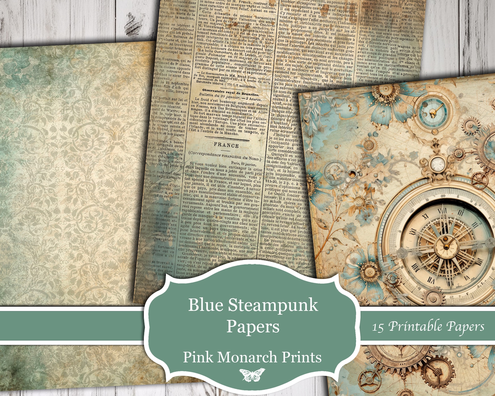 Blue Steam Punk Paper Collection, Printable Papers, Digital Junk ...