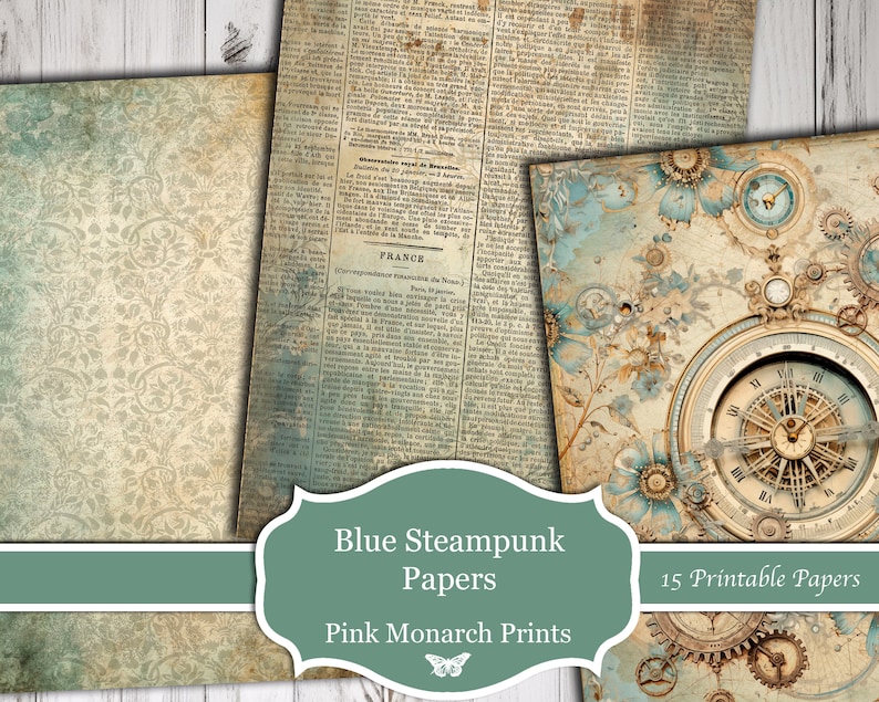 Blue Steam Punk Paper Collection, Printable Papers, Digital Junk ...