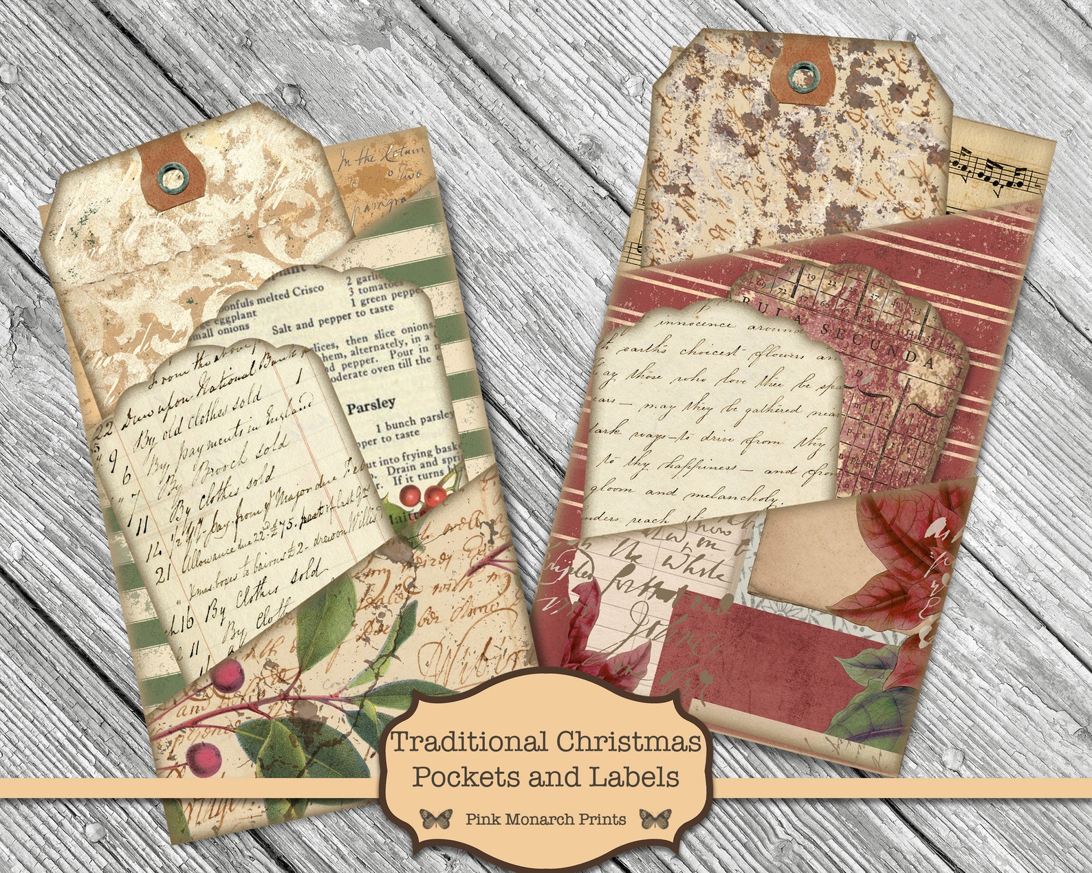 Christmas Pockets & Labels, Junk Journal Kit, Digital Junk Journal ...