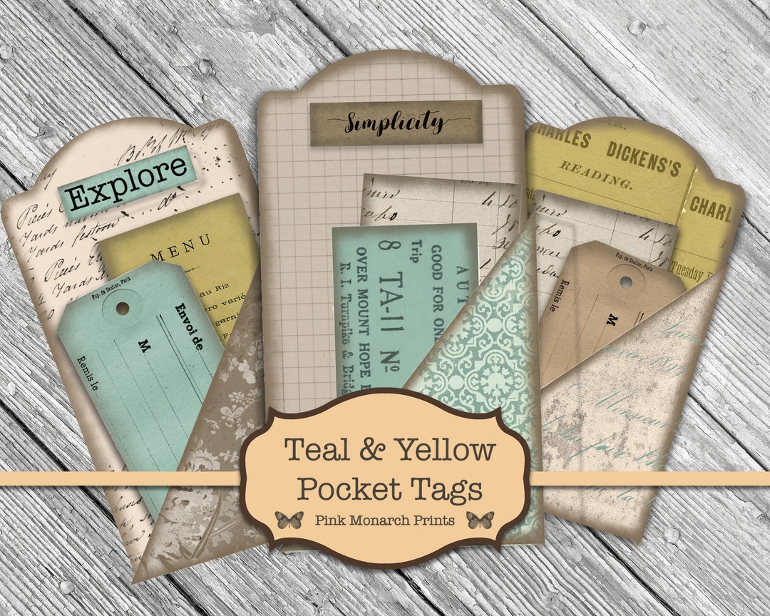 Teal and Yellow Tags, Pocket Tags, Junk Journal Kit, Junk Journal ...