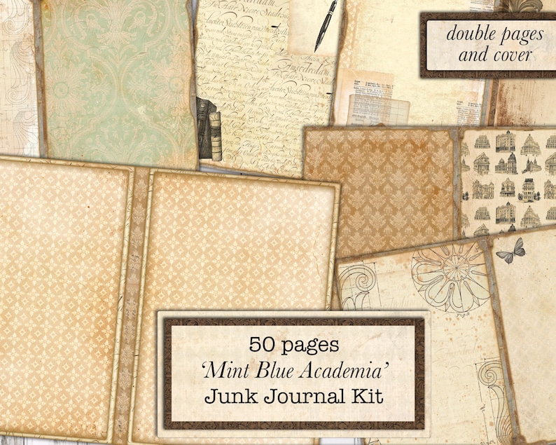 Mint Blue Academia Junk Journal Kit: 50 Pages, Large Printable ...
