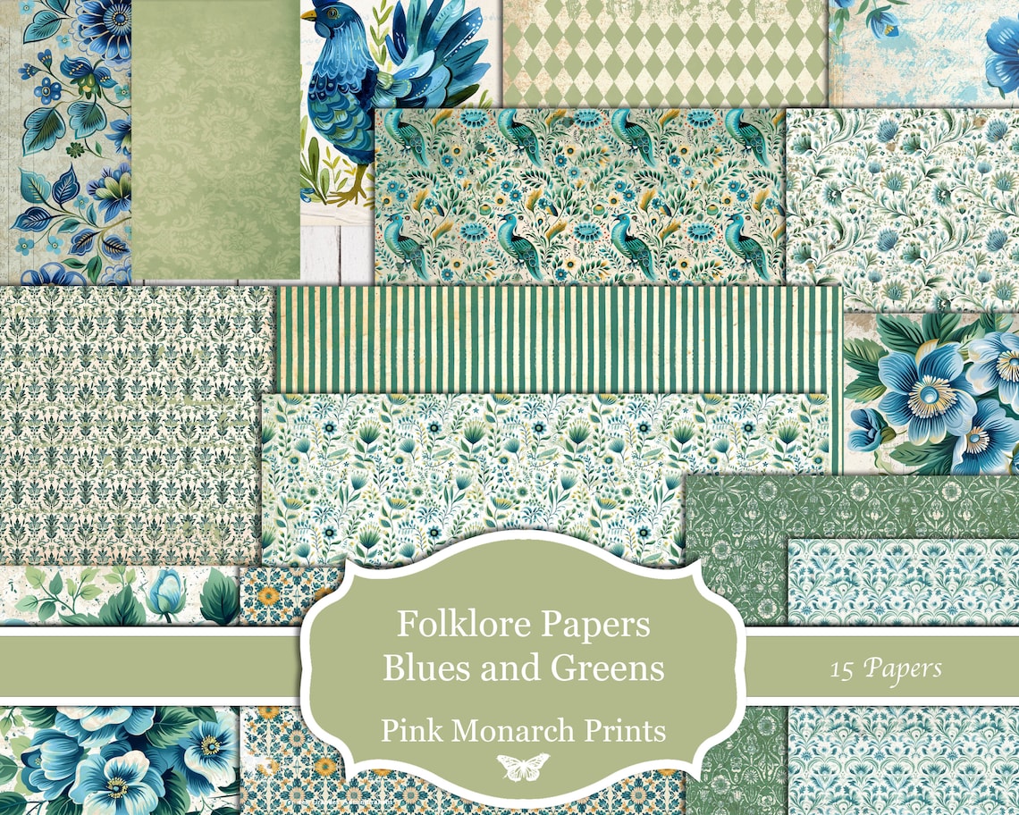 Folklore Papers, Blues and Greens, Printable Papers, Digital Junk ...