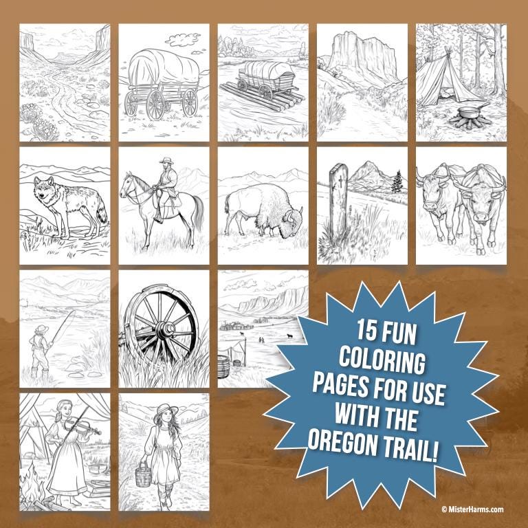 Oregon Trail Coloring Book Pages | Pioneer Westward Expansion Activity ...