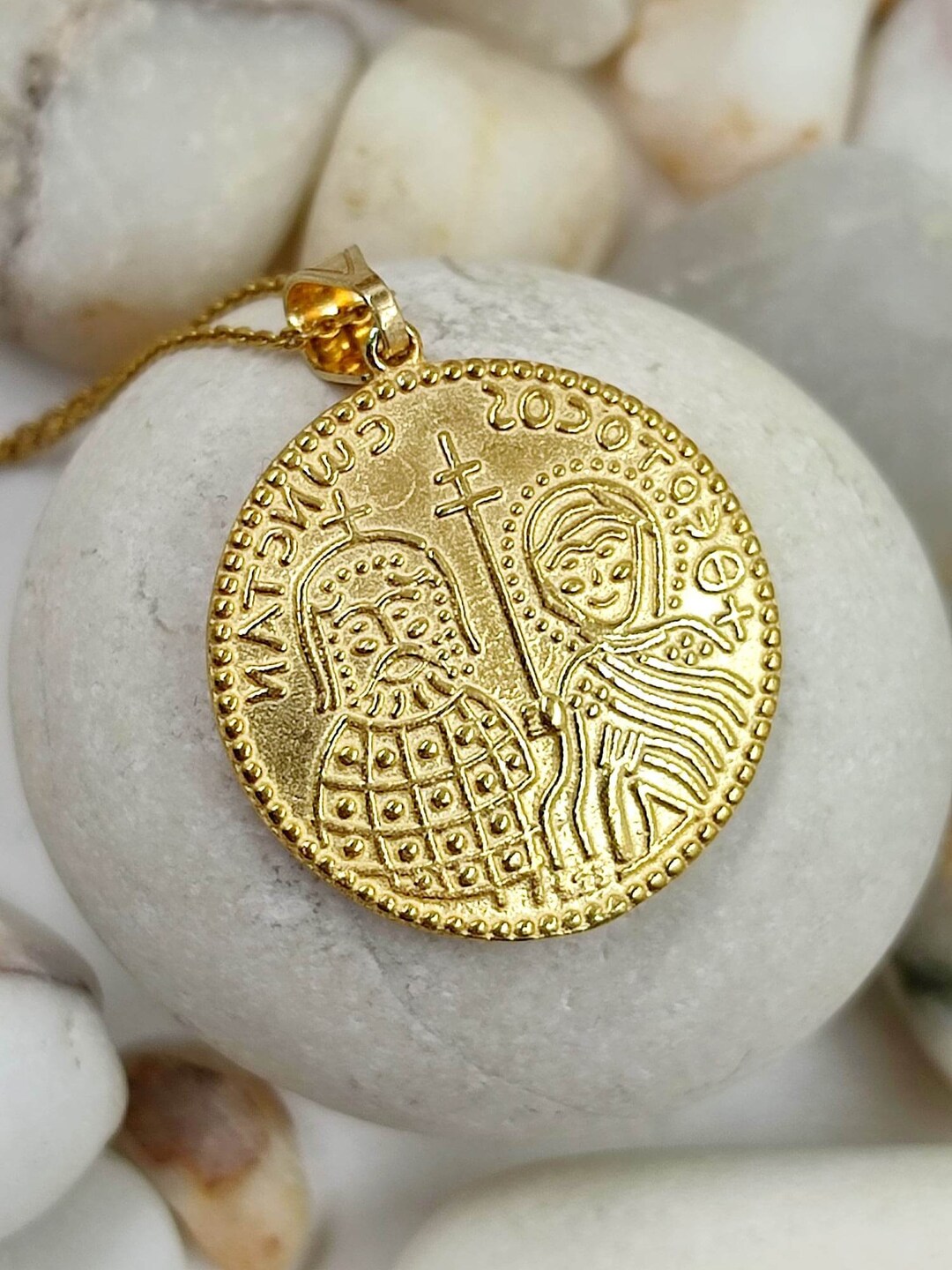 Constantin Pendant Solid Gold 14k, ICXC NIKA Coin Pendant, Greek ...