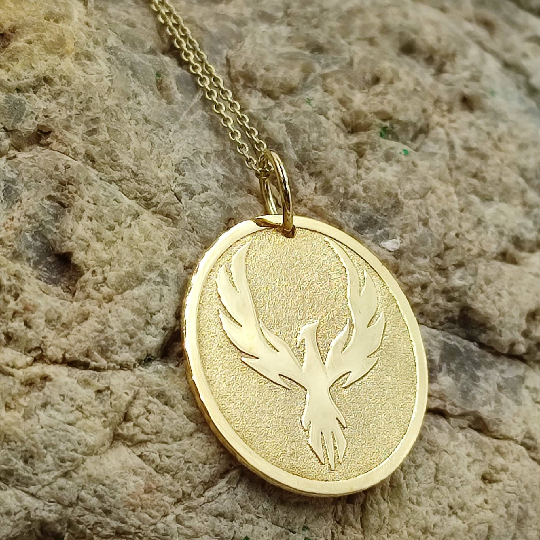 Solid Gold 14k Phoenix Bird Necklace, Personalized Phoenix Gold Pendant ...