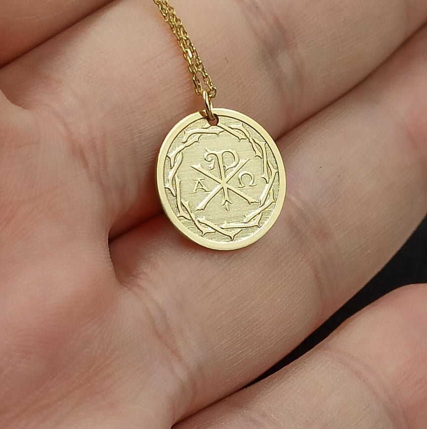 Dainty 14k Solid Gold Chi Rho Cross Necklace Personalized | Etsy