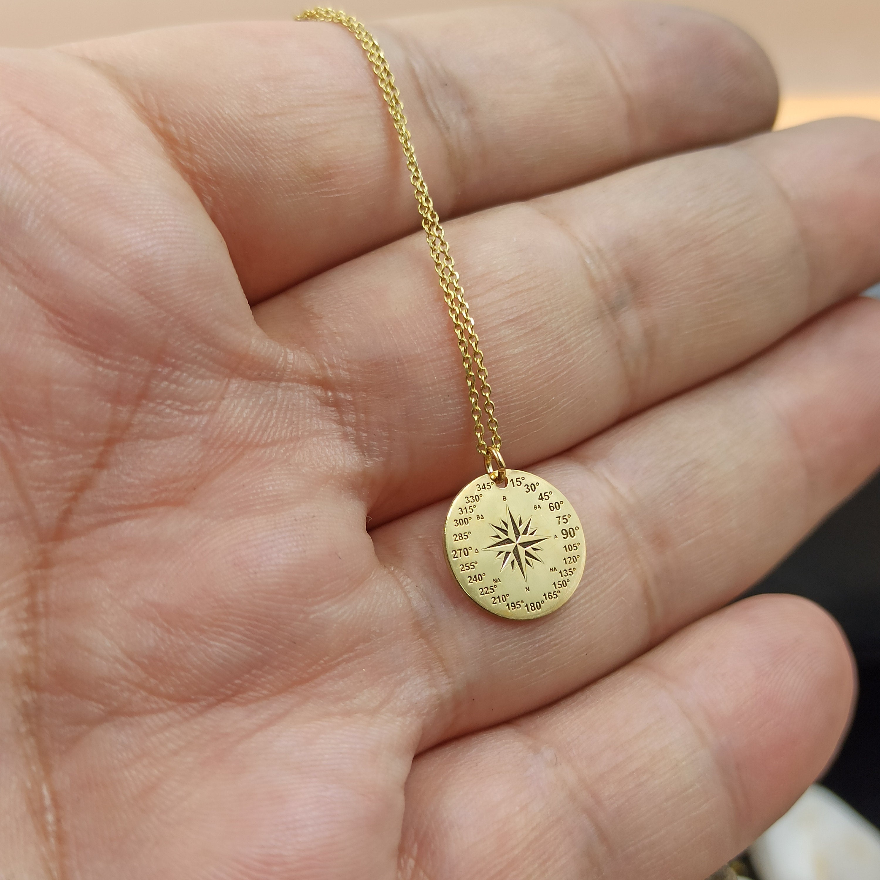Dainty Compass Necklace Solid Gold 14kcompass Jewelrycompass Etsy