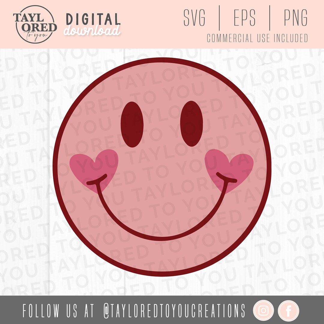 Happy Face SVG, Happy Face With Hearts, Cut File PNG Sublimation, Pink ...