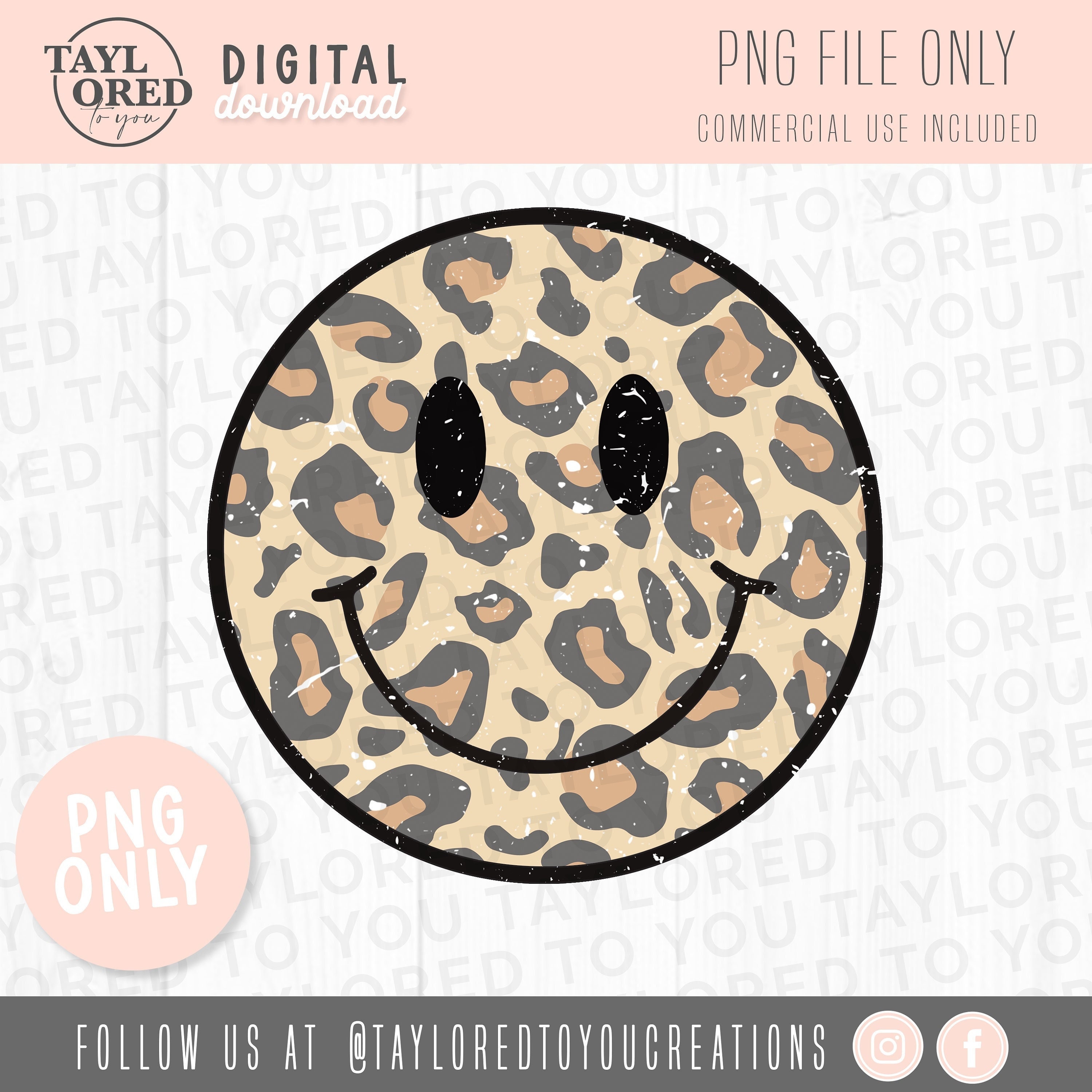 Digital PNG File Distressed Leopard Cheetah Print Smiley Face, Retro ...