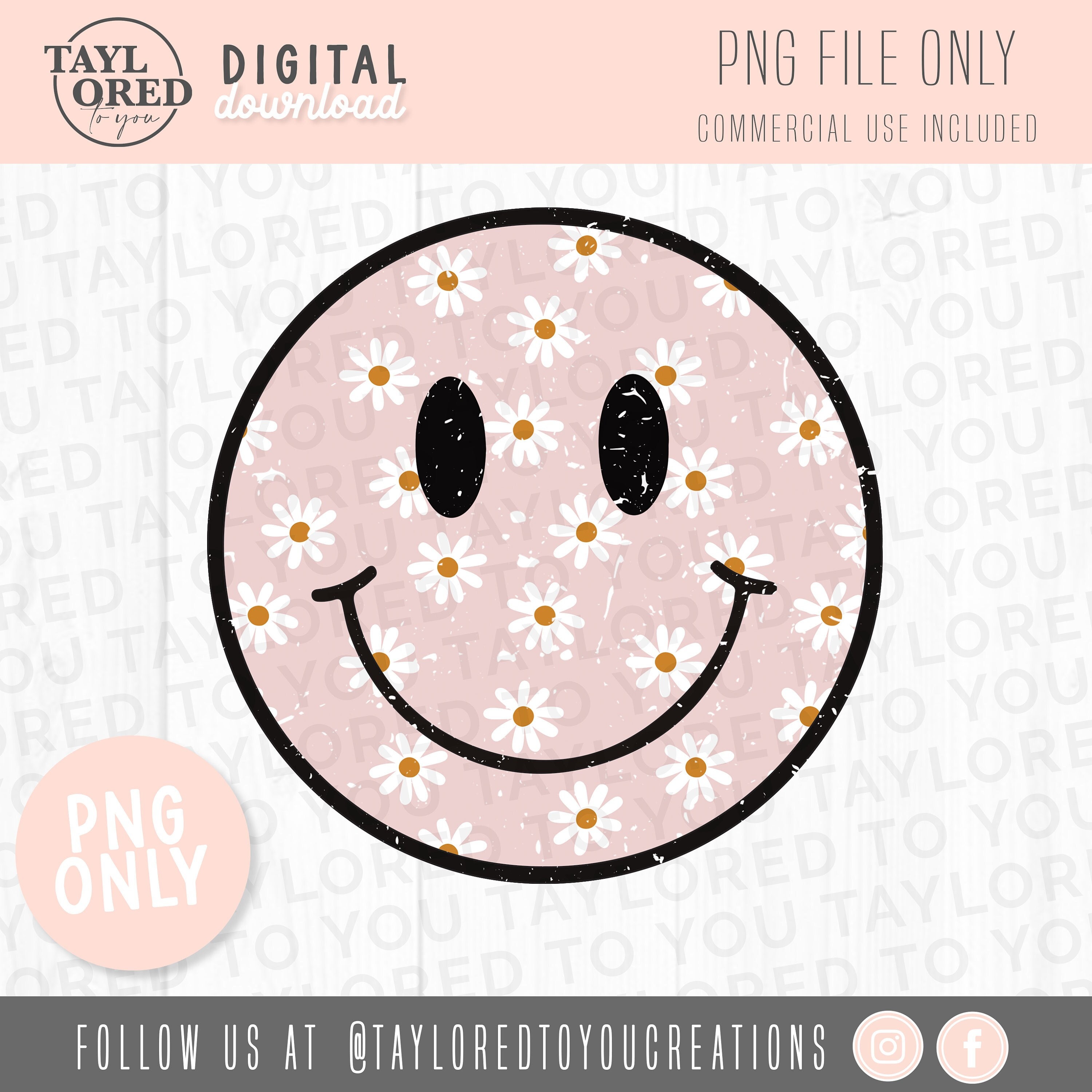 Digital PNG File Distressed Pink Daisy Smiley Face, Retro Happy Face ...