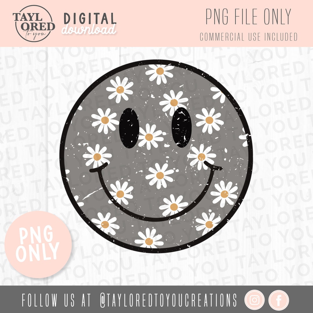 Digital PNG File Distressed Daisy Smiley Face, Retro Happy Face ...
