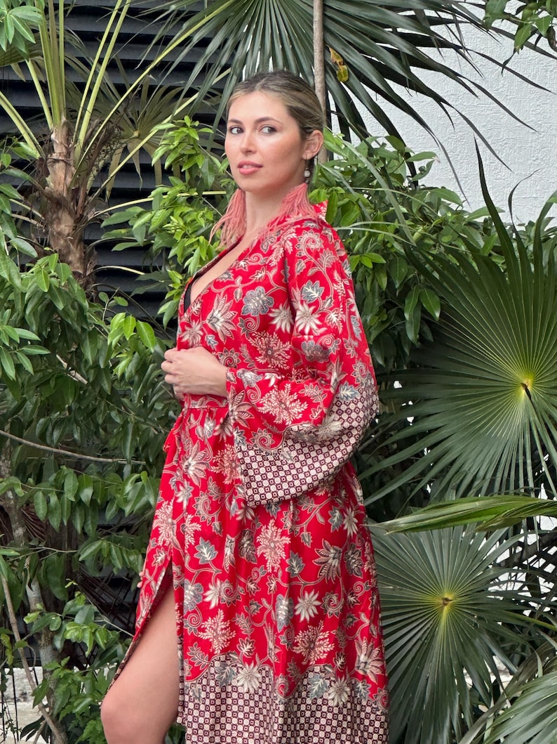 Red Floral Kimono Robe: Bali Batik Style, S-XXL - Etsy UK