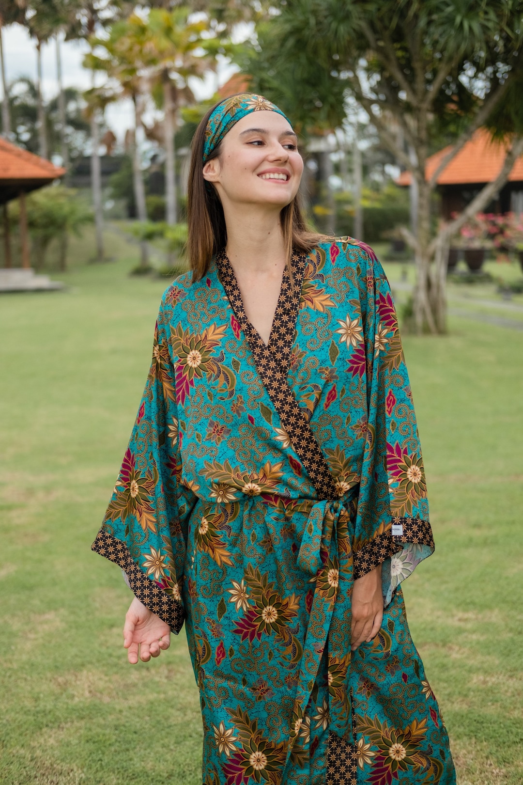 Women Silk Kimono Robe Bali Batik Kimono Washable Silky Kimono Robe ...