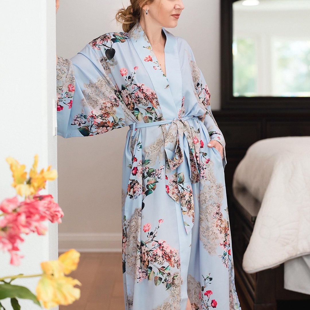 Blue Style Long Floral Silk Kimono Robe Silk Kimono Dressing Gown With Belt Turquoise Kaftan