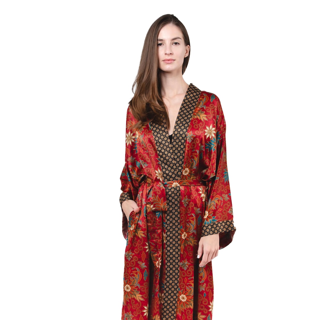 Red Floral Silk Kimono Robe Long for Women long Silk Boho Kimono Robe ...