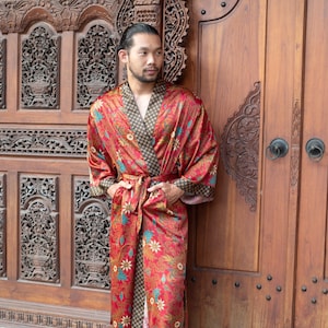 Red Bali Boho Atlas Silk Satin Blend Kaftan Kimono Robe for Men ...