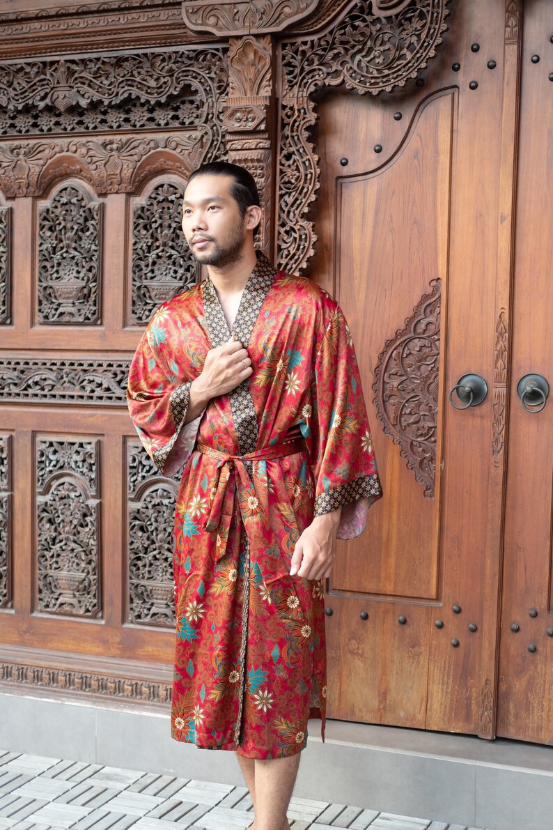 Red Bali Boho Atlas Silk Satin Blend Kaftan Kimono Robe for - Etsy