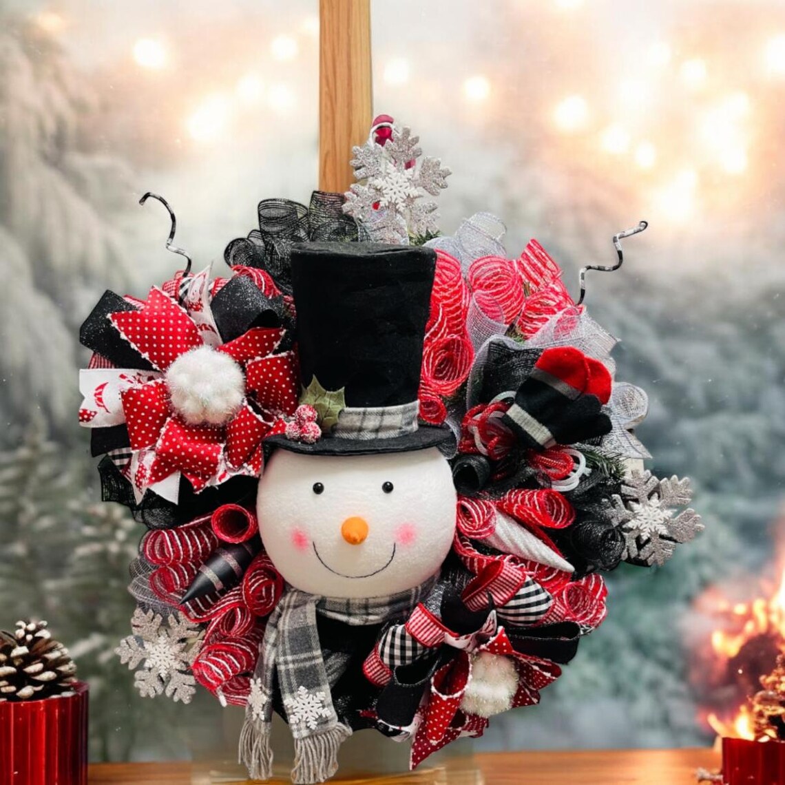Snowman Door Wreath | Big Snowman Head Wreath | Red, Black, and White ...